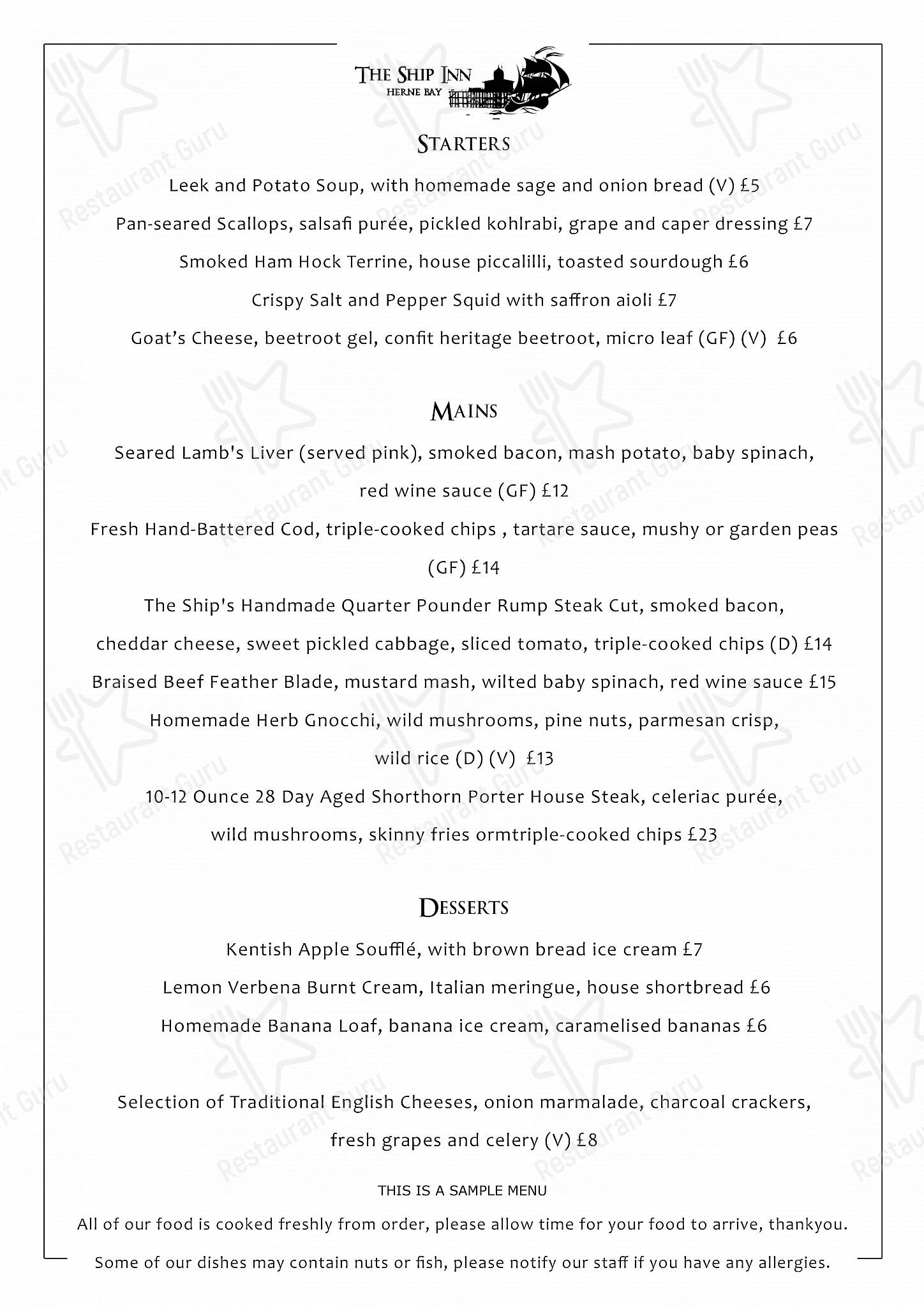 Menu at The Ship Inn pub & bar, Herne Bay
