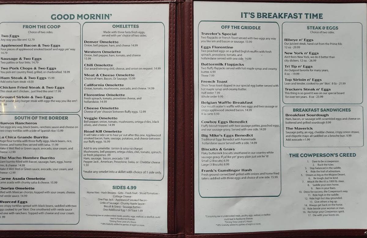 Menu at Outpost Cafe, Hesperia, US-395
