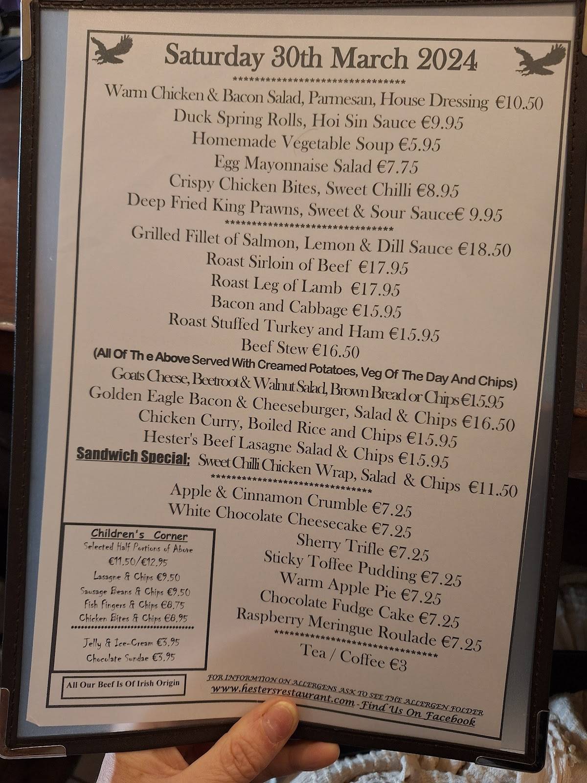 Menu at Hester's Golden Eagle Bar and Restaurant, Castlerea