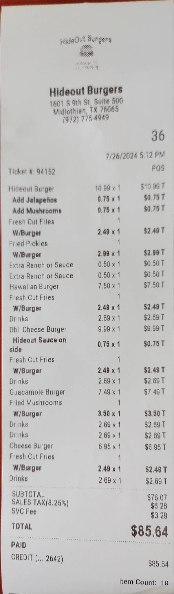 Carta del restaurante Hideout Burgers, Midlothian