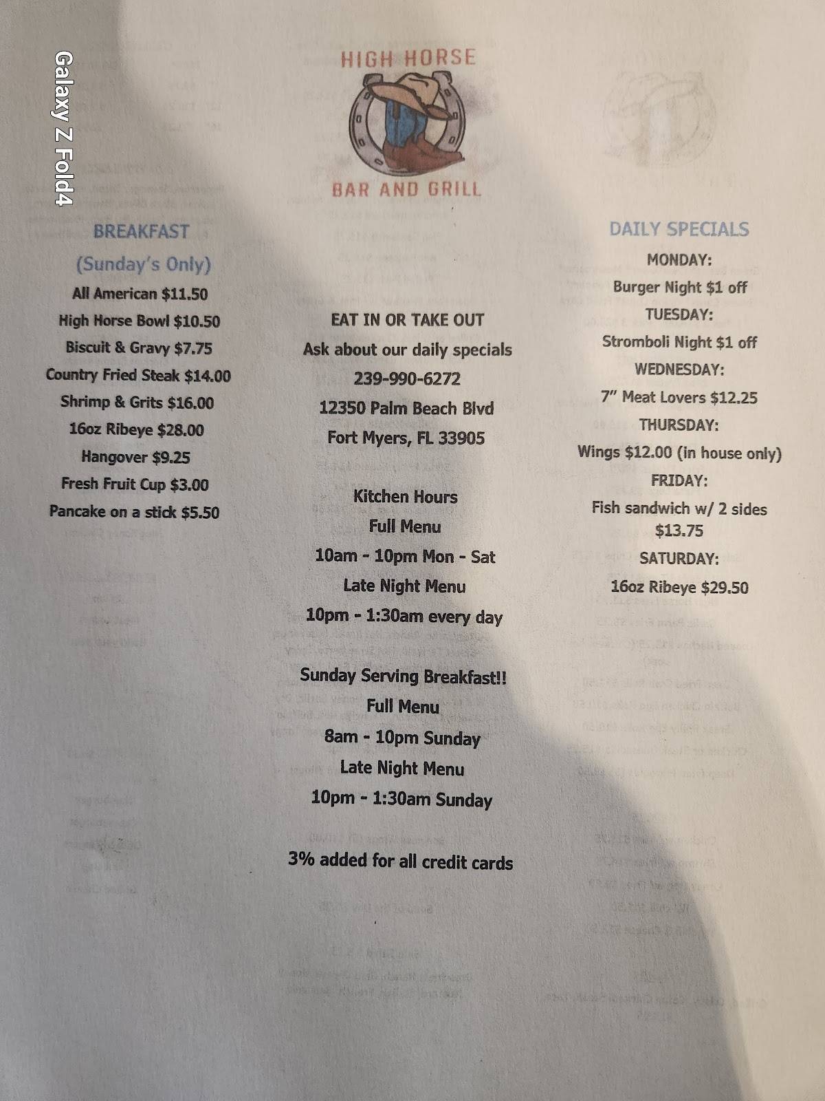 Menu at High Horse Bar and Grill, Fort Myers
