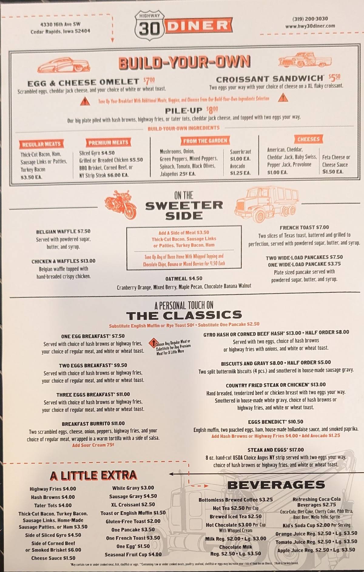 Menu at Highway 30 DIner restaurant, Cedar Rapids