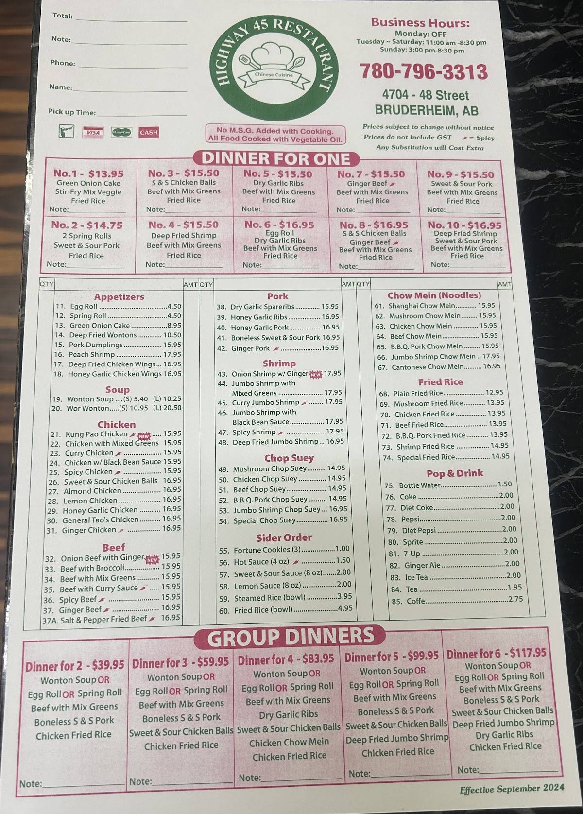 Menu at Highway 45 Restaurant, Bruderheim