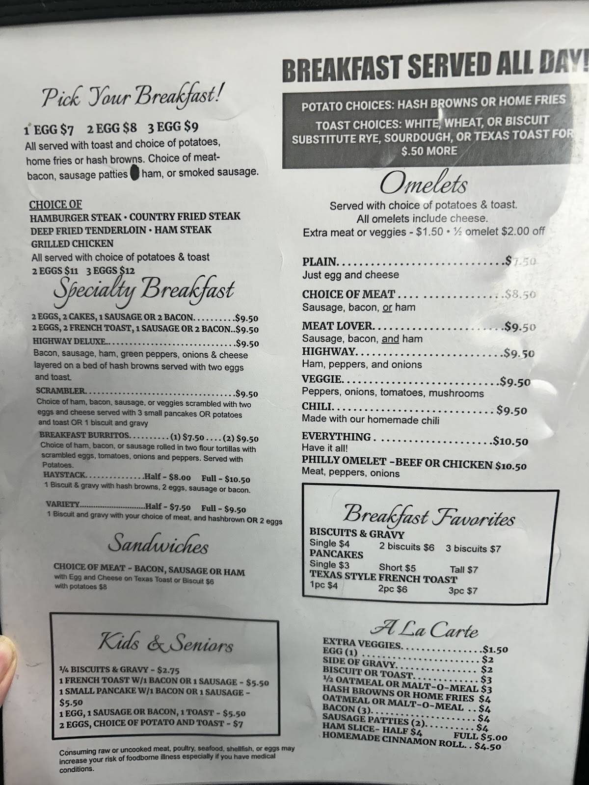 Menu at Highway Cafe, Lincoln