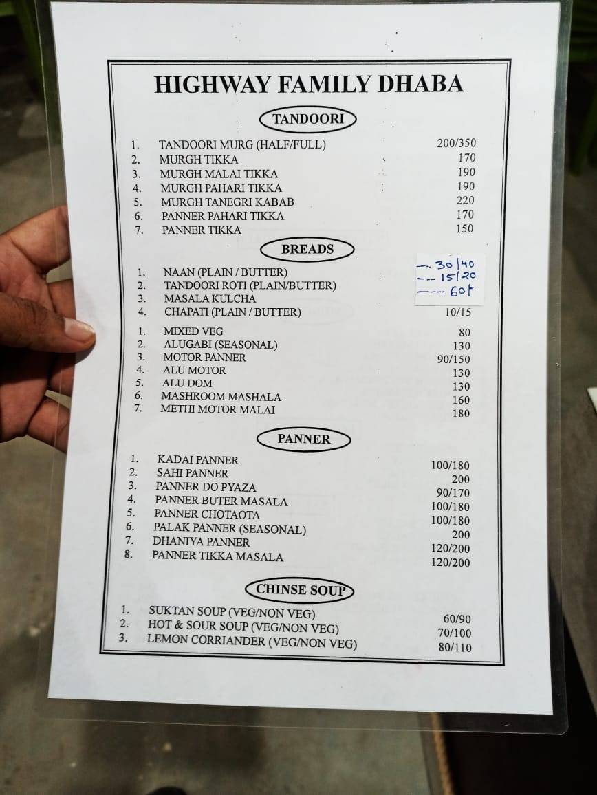 Menu at Highway Family Dhaba, India, Manipur Rd