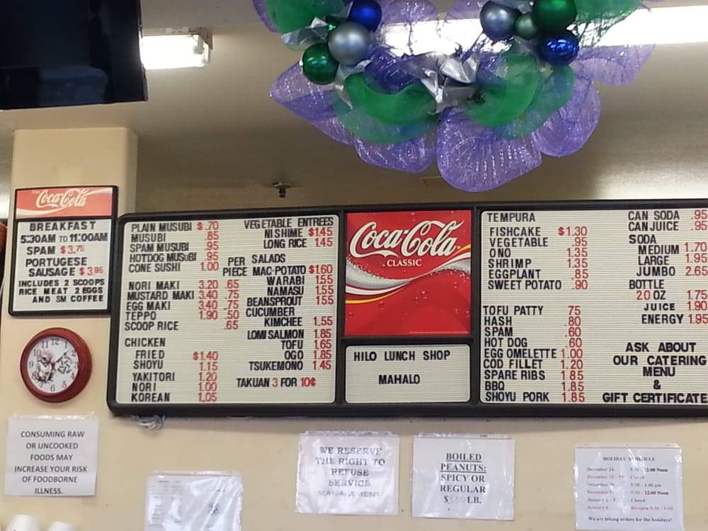 Menu at Hilo Lunch Shop restaurant, Hilo