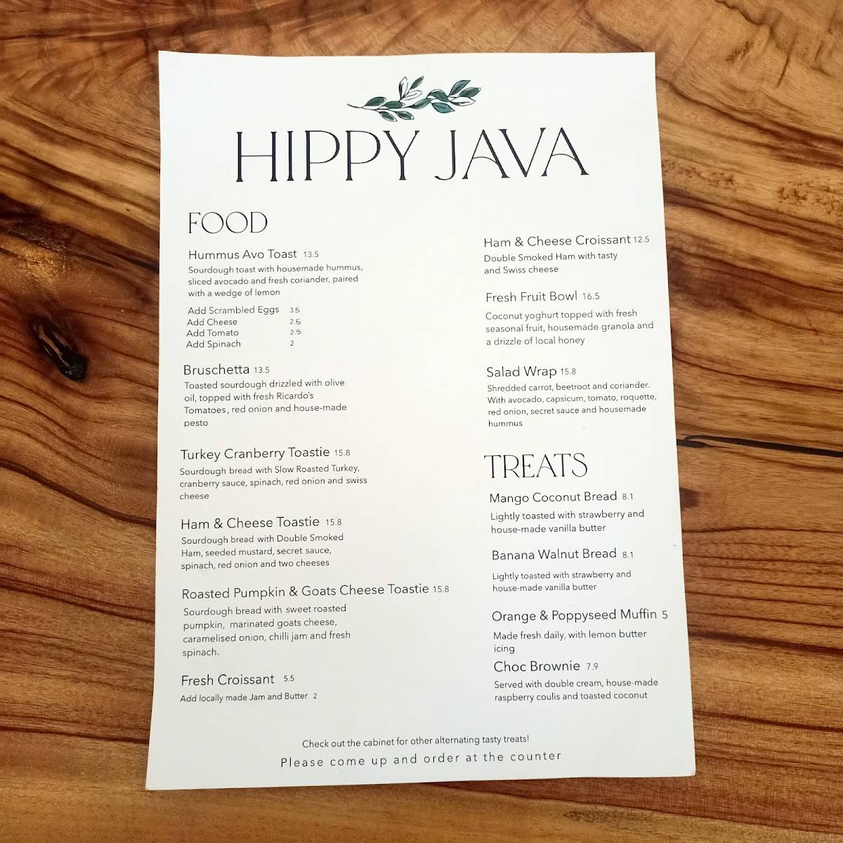 Menu at Hippy Java cafe, Boolaroo