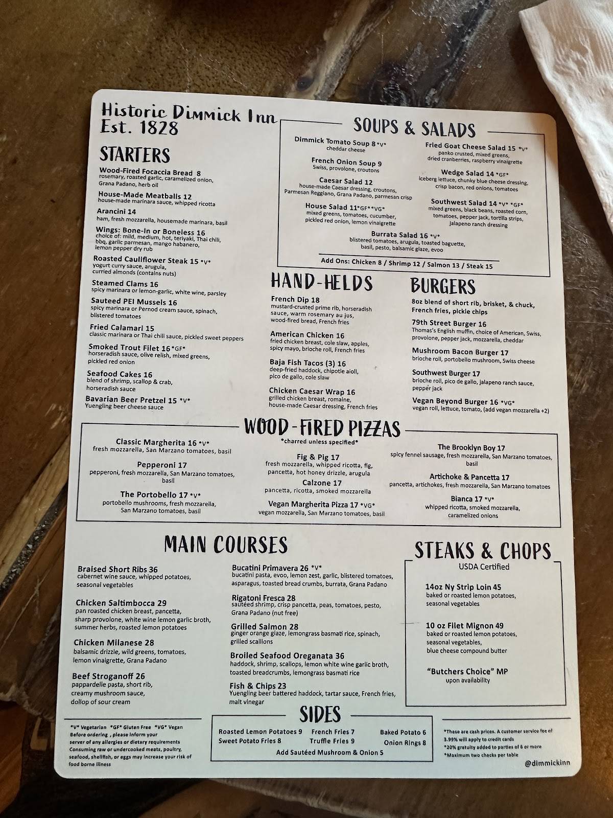 Menu at Historic Dimmick Inn pub & bar, Milford