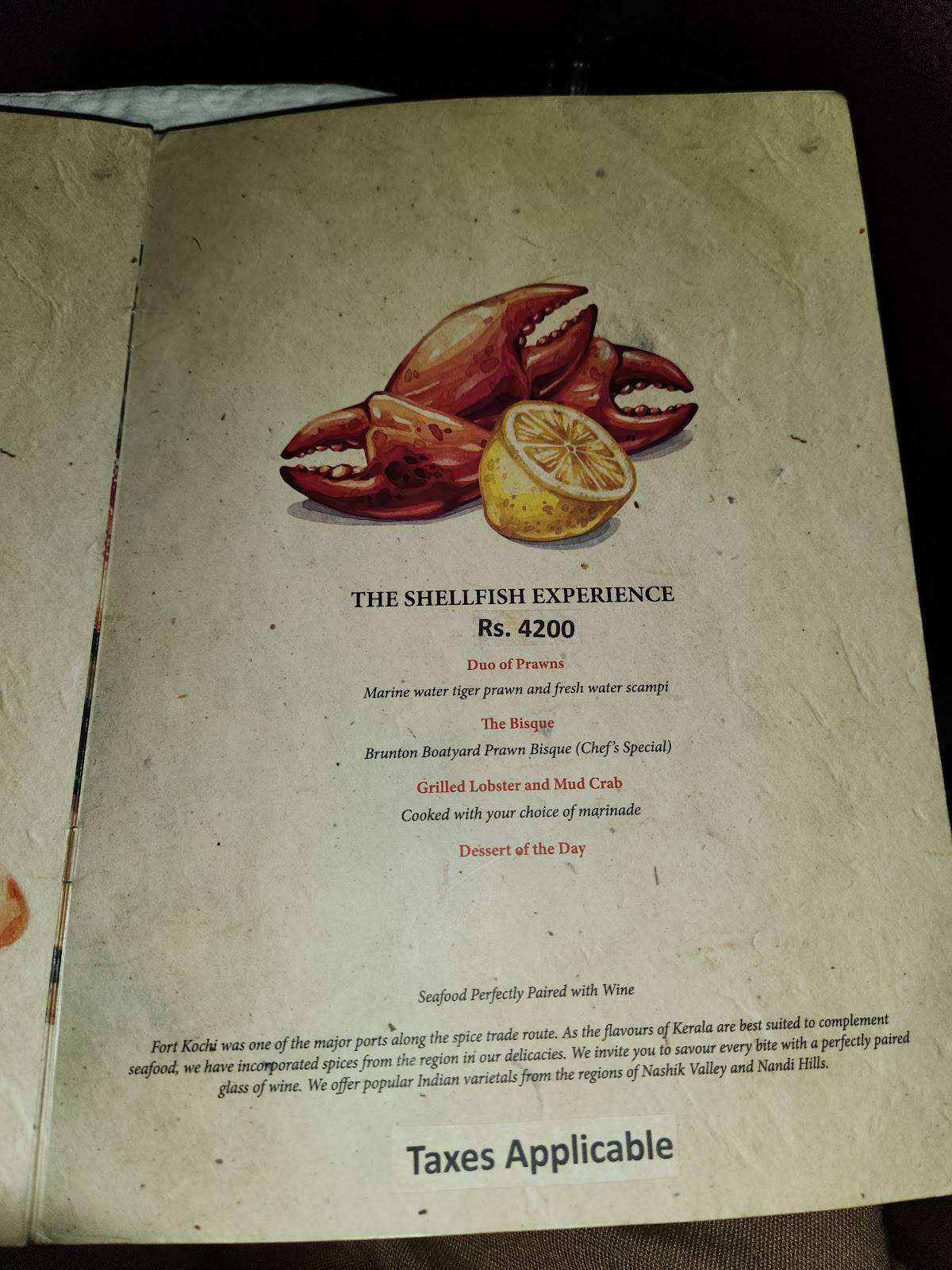 Menu at History & Terrace Grill Restaurant, Brunton Boatyard, Kochi