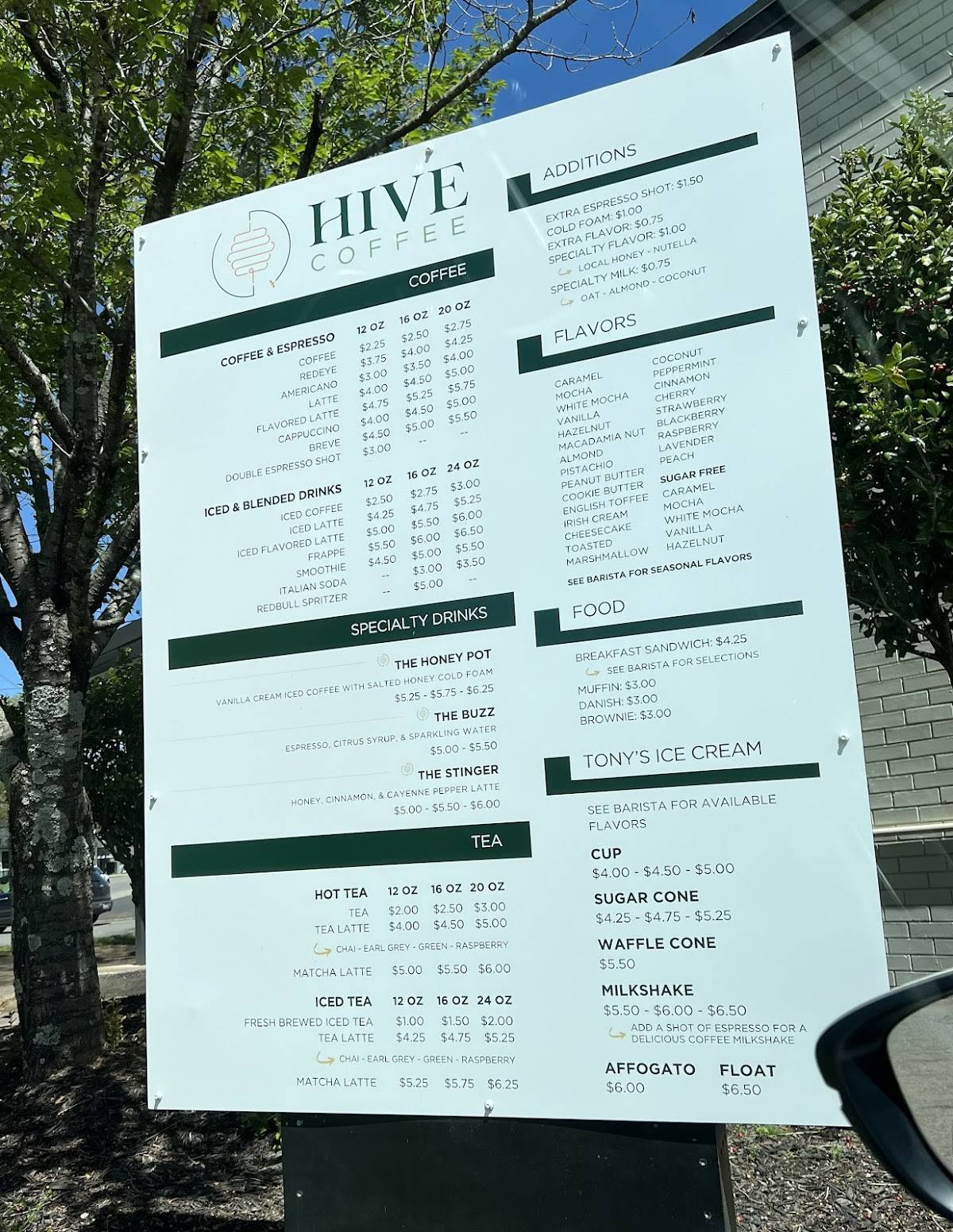 Menu at Hive Coffee, Shelby