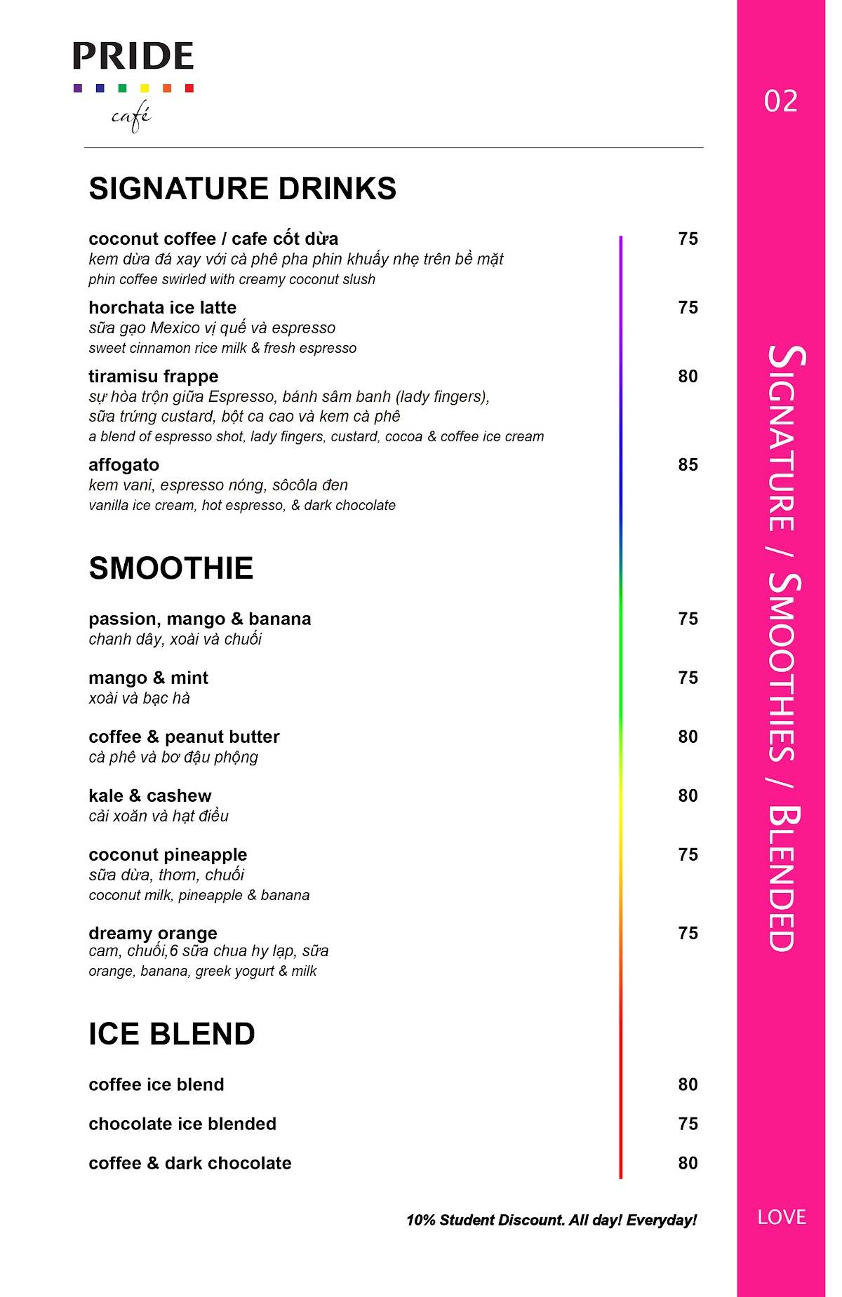 Menu at PRIDE Cafe, Ho Chi Minh City