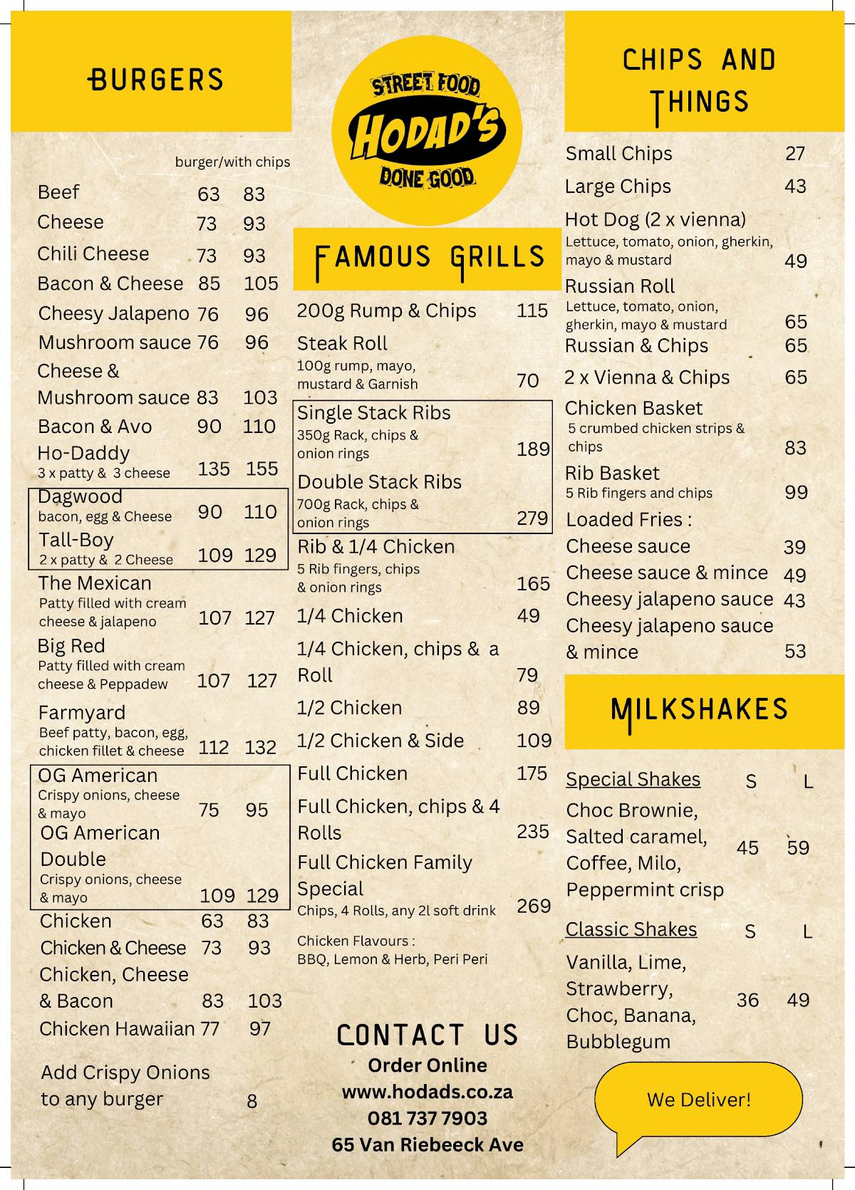 Menu at Hodad's restaurant, Johannesburg