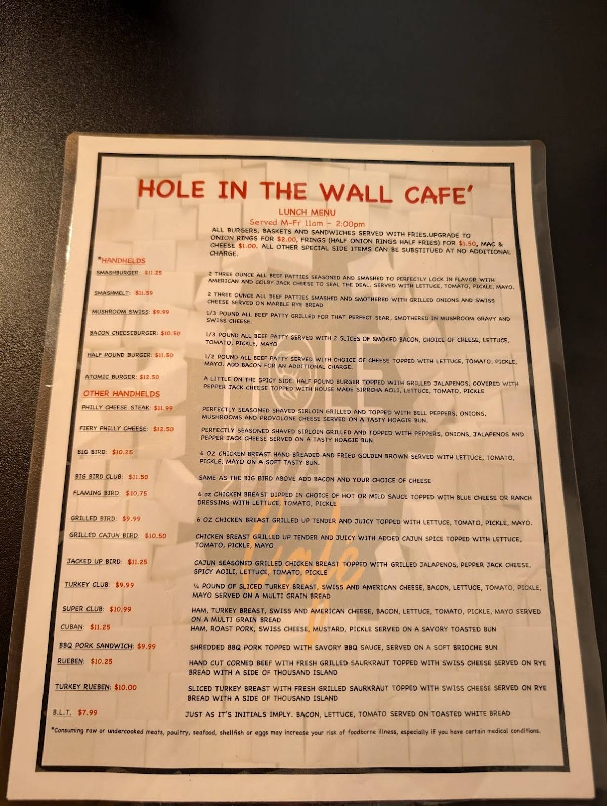 Menu at Hole In The Wall Cafe, LLC, Oak Ridge