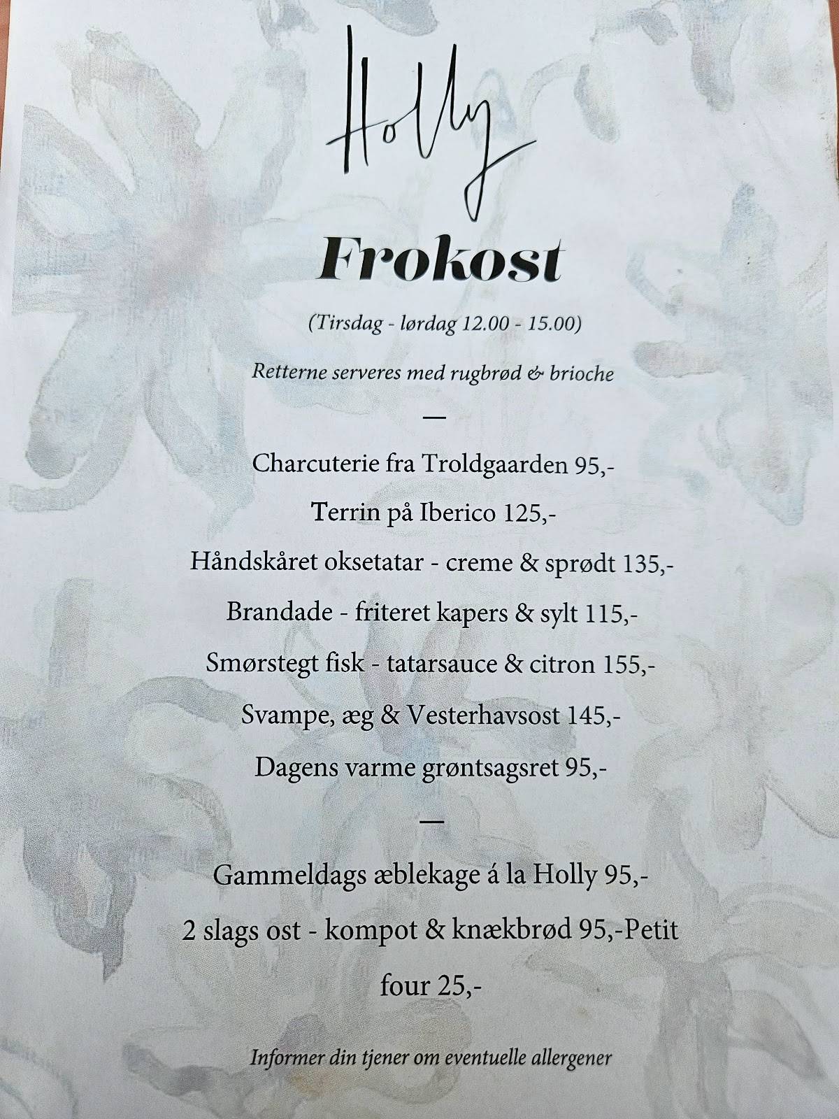 Menu at Holly restaurant, Copenhagen