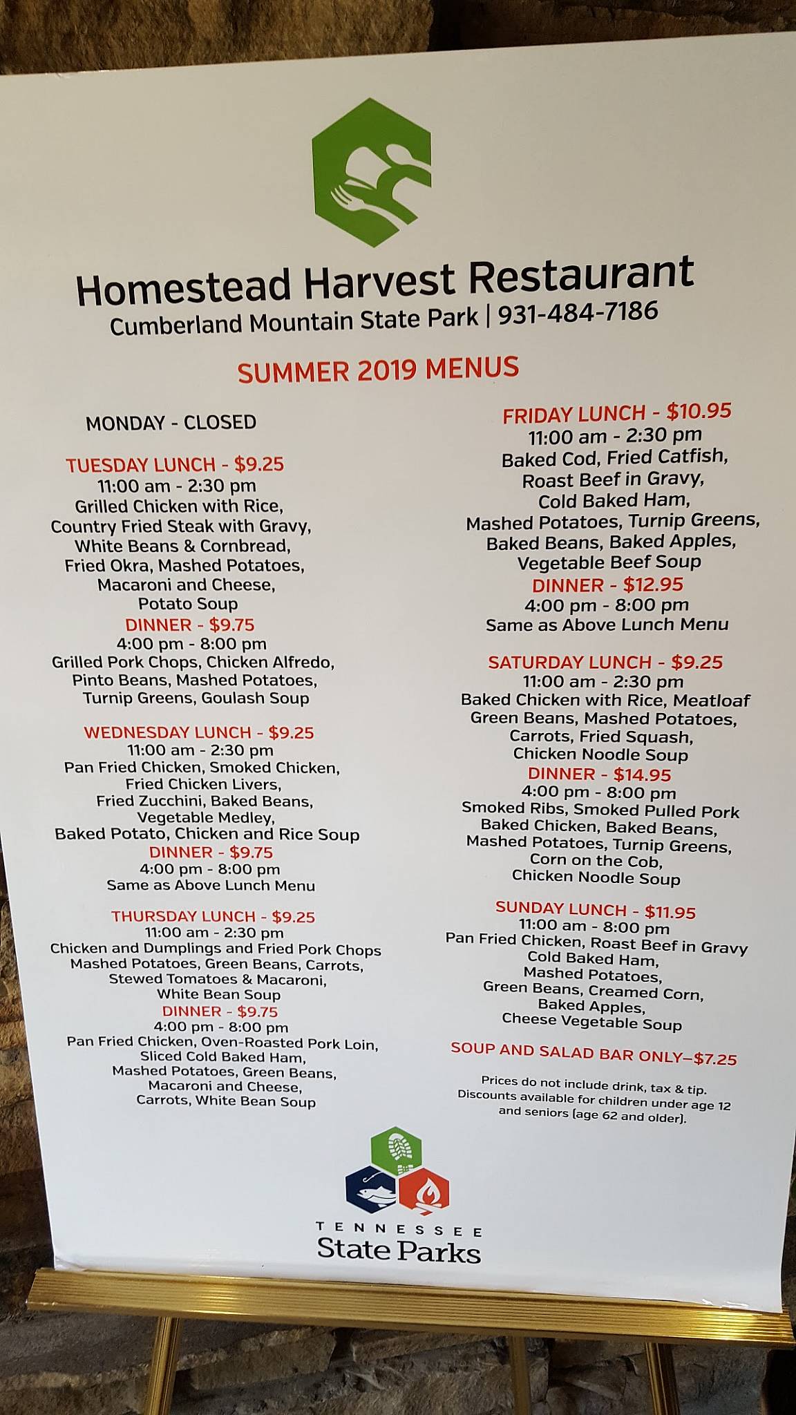 Menu at Homestead Harvest Restaurant, Crossville