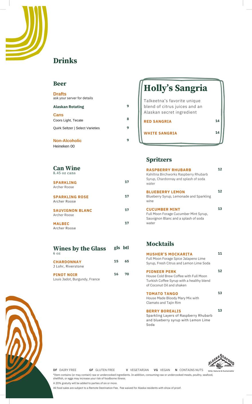Menu at Homestead Kitchen restaurant, Talkeetna