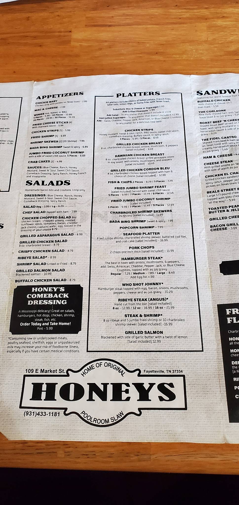Menu at Honey's Restaurant, Fayetteville