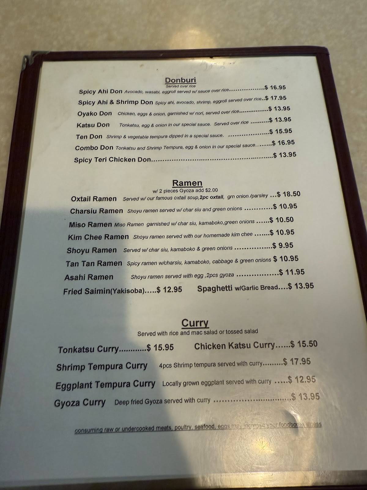 Menu at Asahi Grill restaurant, Honolulu, 515 Ward Ave