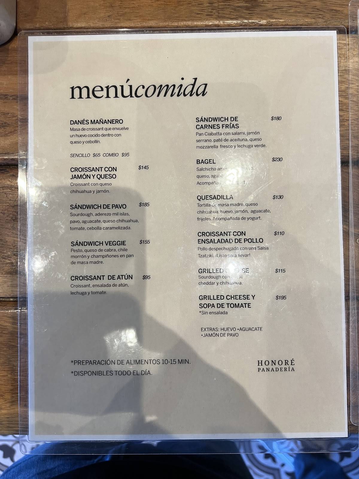 Carta de Honoré Panadería, Hermosillo