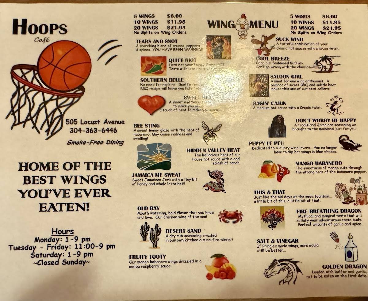 Menu at Hoops Cafe, Fairmont, 505 Locust Ave