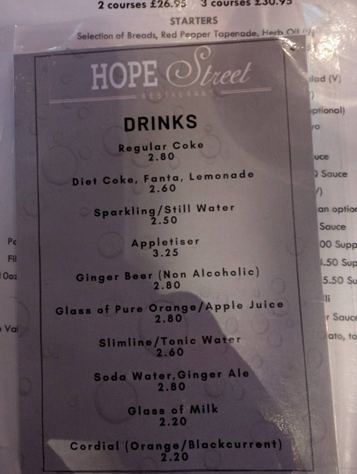 Menu at Hope Street Restaurant Belfast, Belfast
