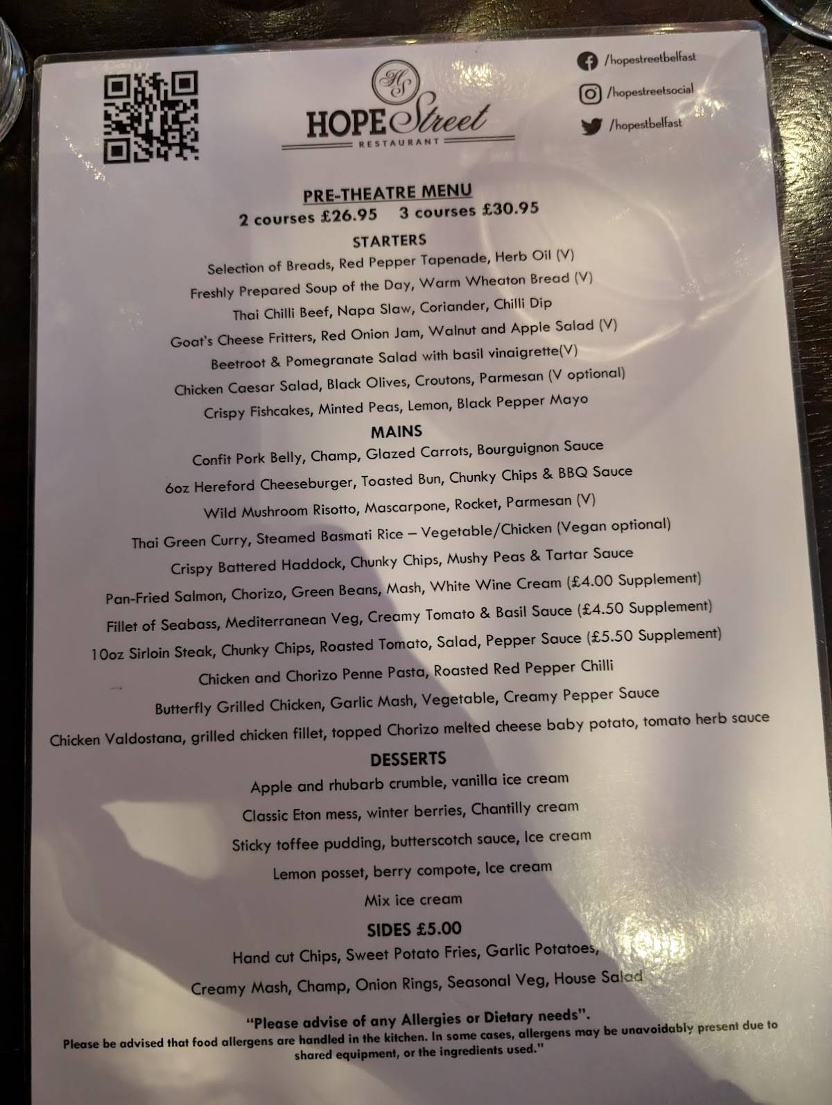 Menu at Hope Street Restaurant Belfast, Belfast