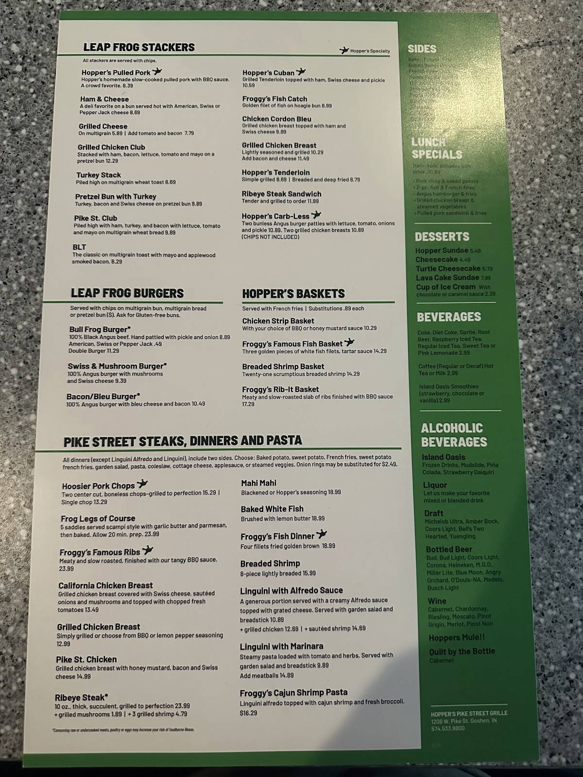 Menu at Hoppers Pike Street Grill pub & bar, Goshen