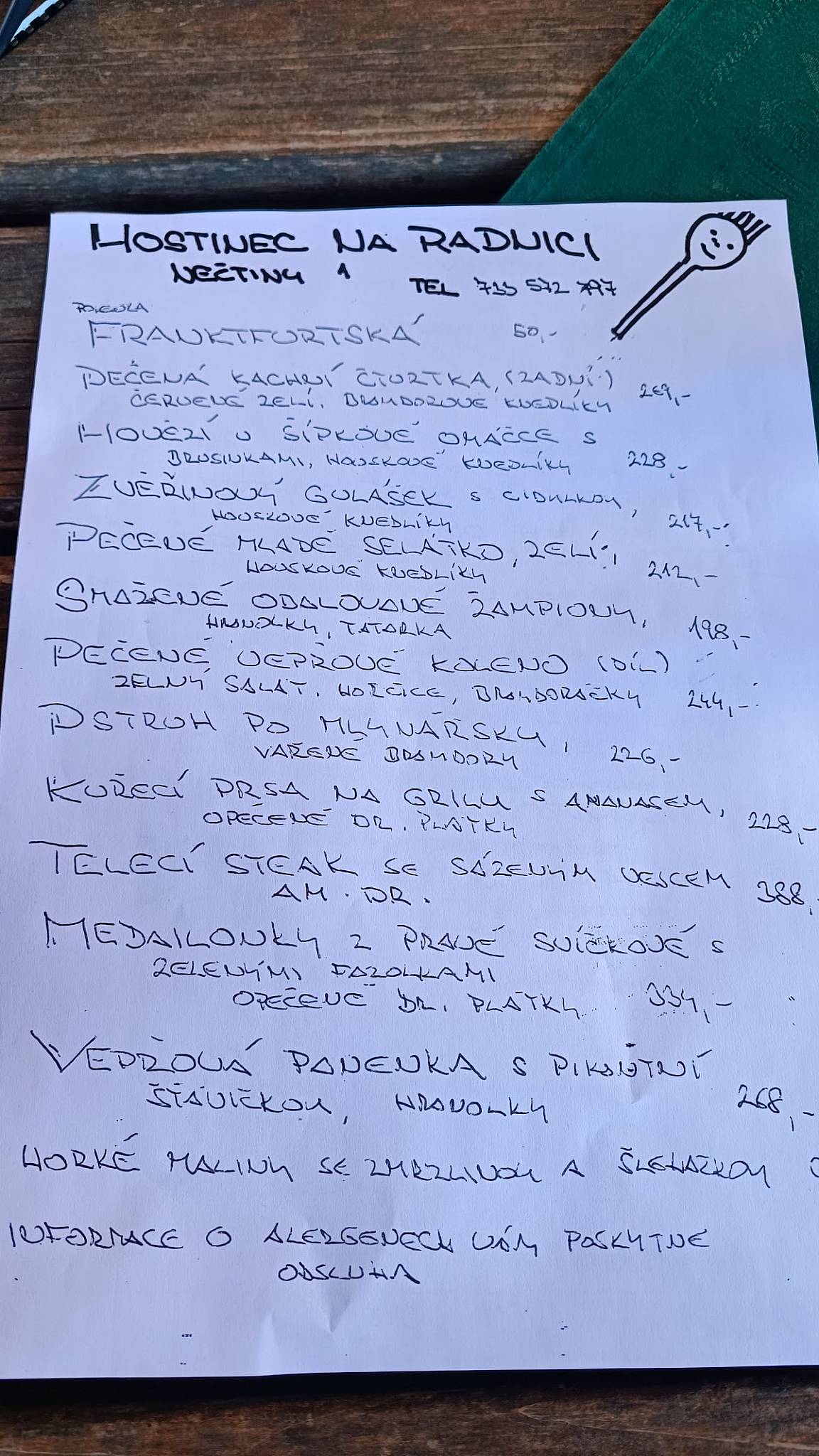 Menu at Hostinec Na radnici restaurant, Nečtiny, Nečtiny 1