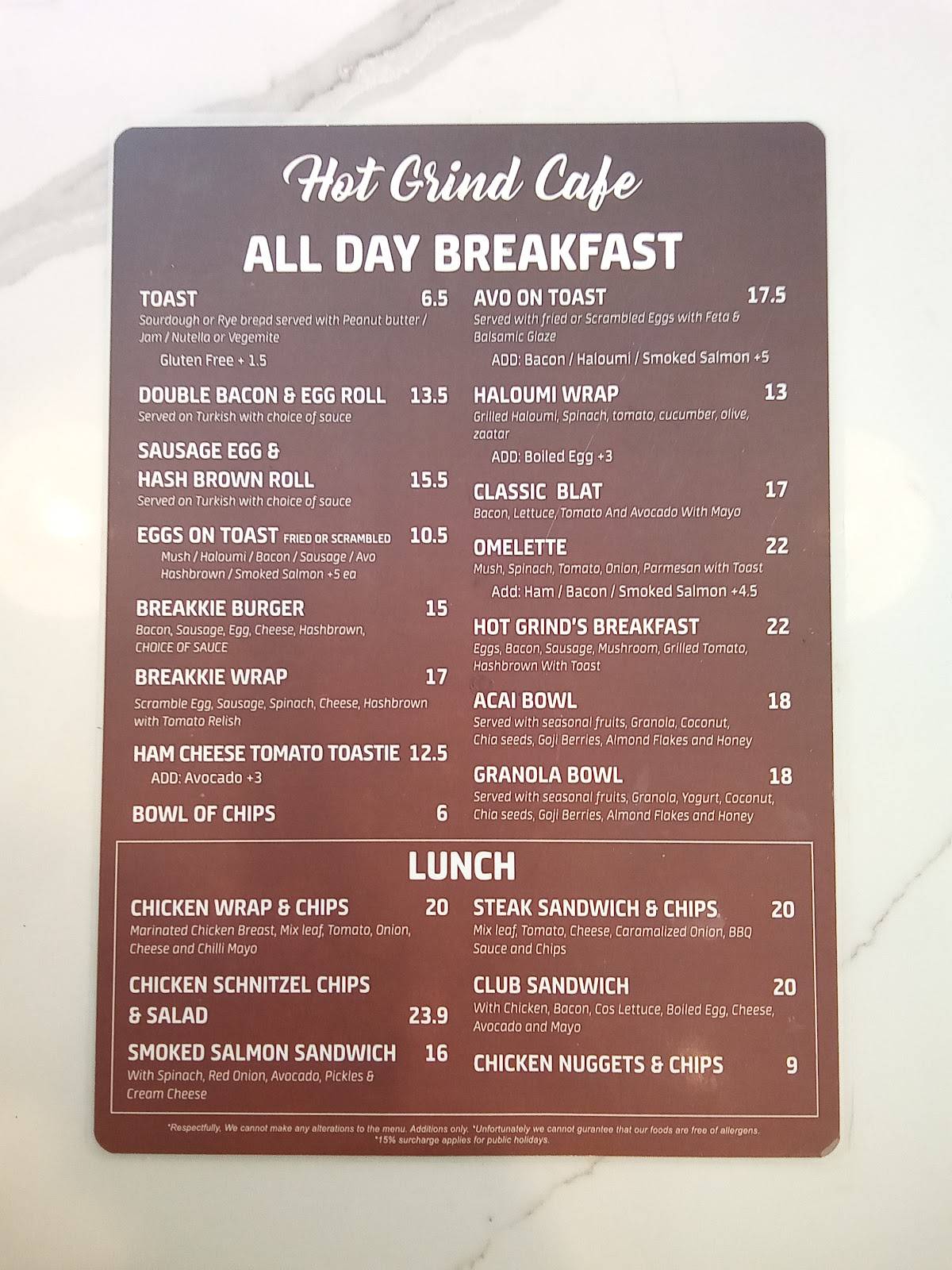 Menu at Hot Grind Cafe, Turrella