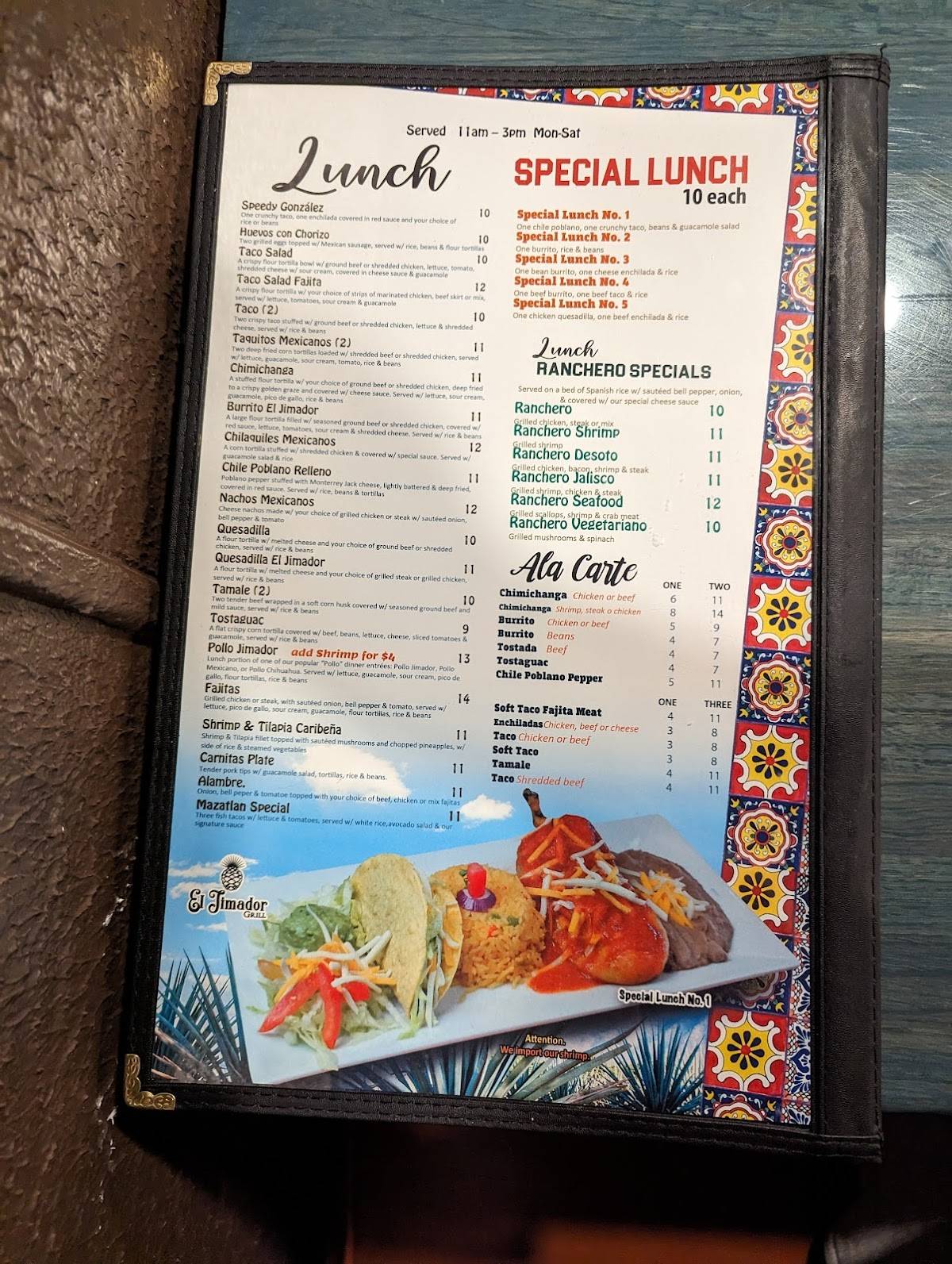 Menu at El Jimador restaurant, Hot Springs Village