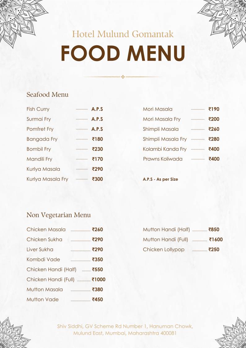 Menu at Hotel Mulund Gomantak, Mumbai, Shiv Siddhi