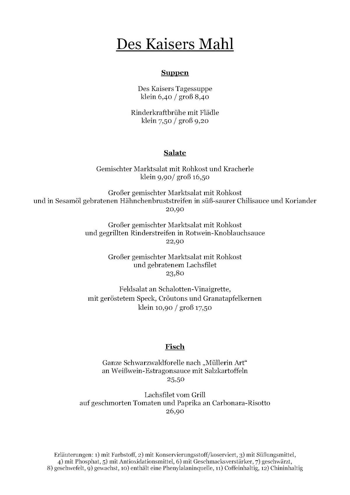 Speisekarte von Hotel/Restaurant Der Kaiser, FREIBURG IM BREISGAU