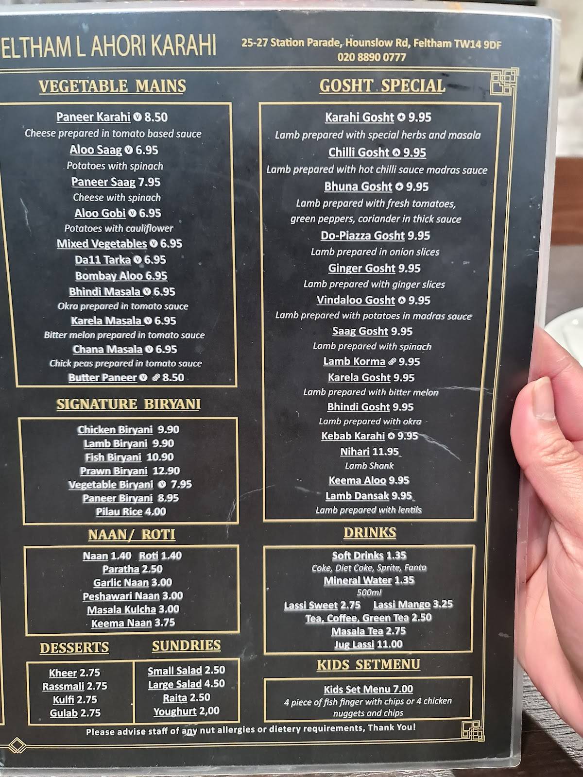 Menu at Hounslow Lahori Karahi restaurant, London, 777 London Rd