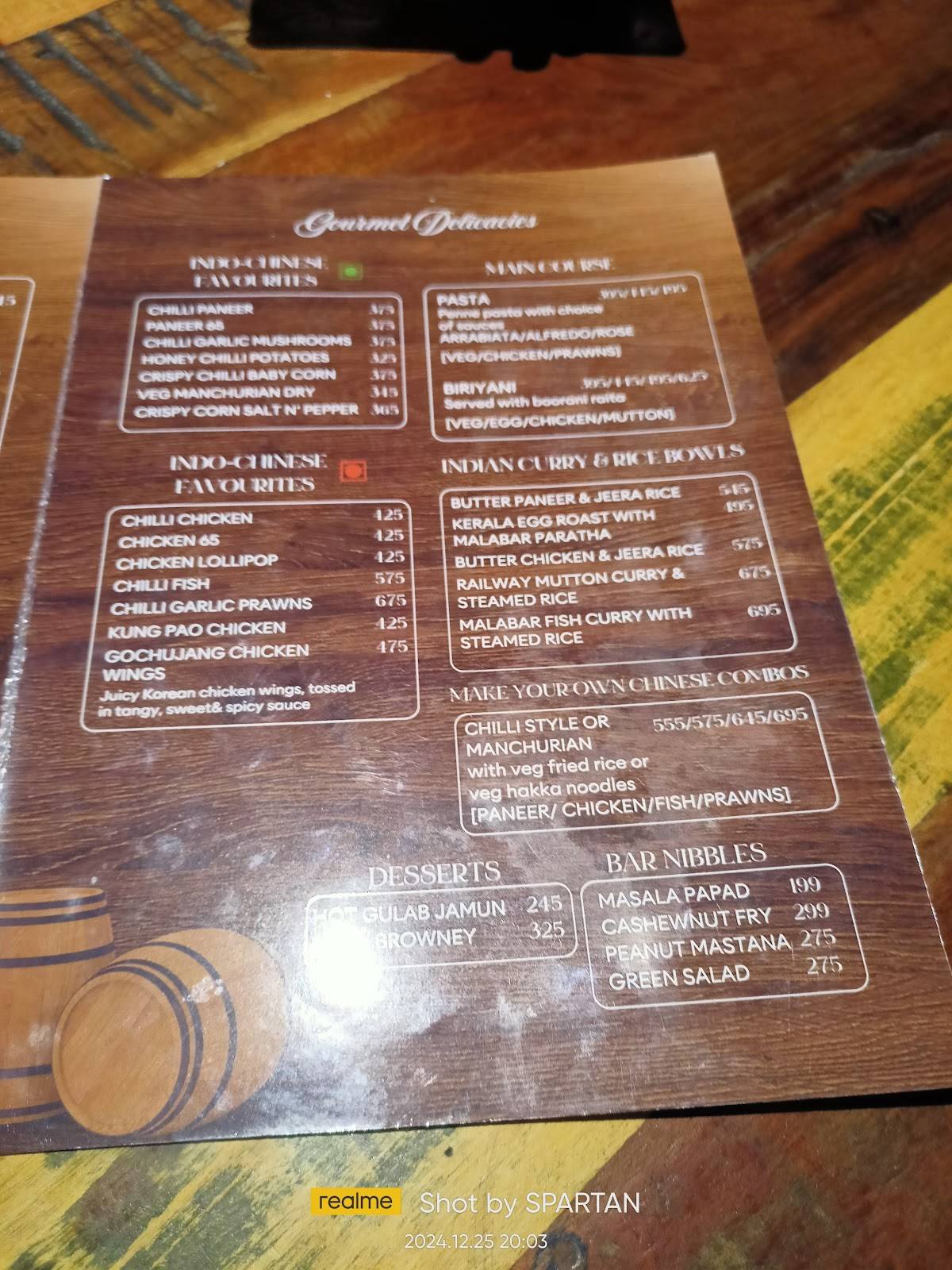 Menu at House Of Spirits, Jorhat