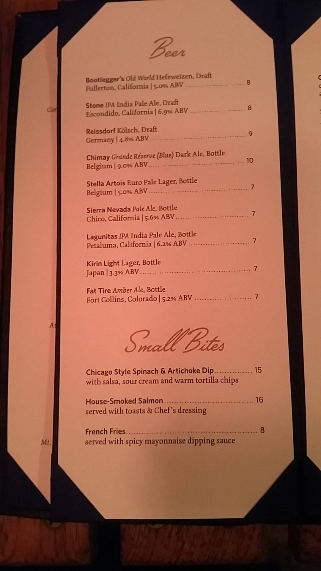 Menu at Houston's steakhouse, Irvine