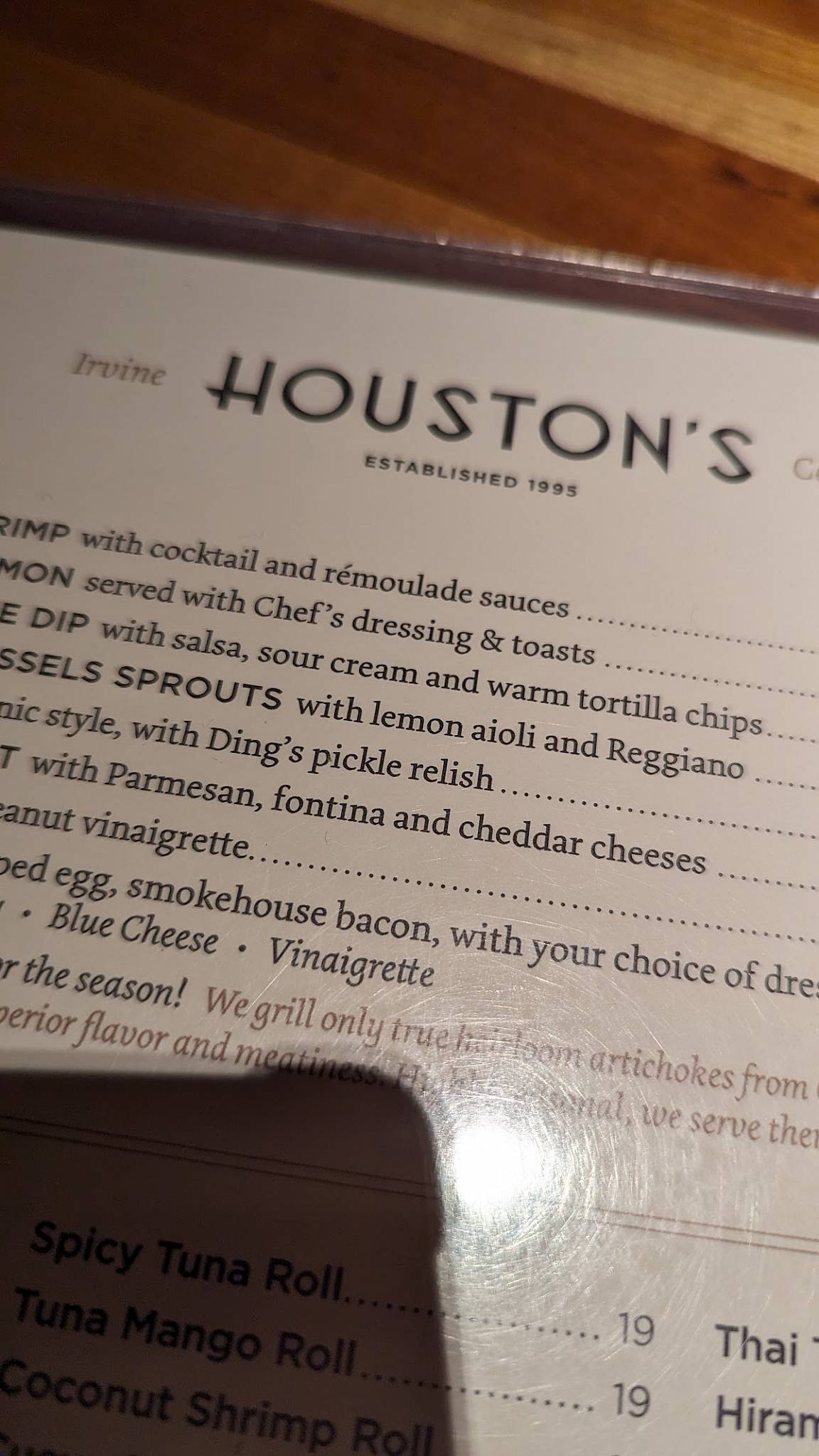 Menu at Houston's steakhouse, Irvine