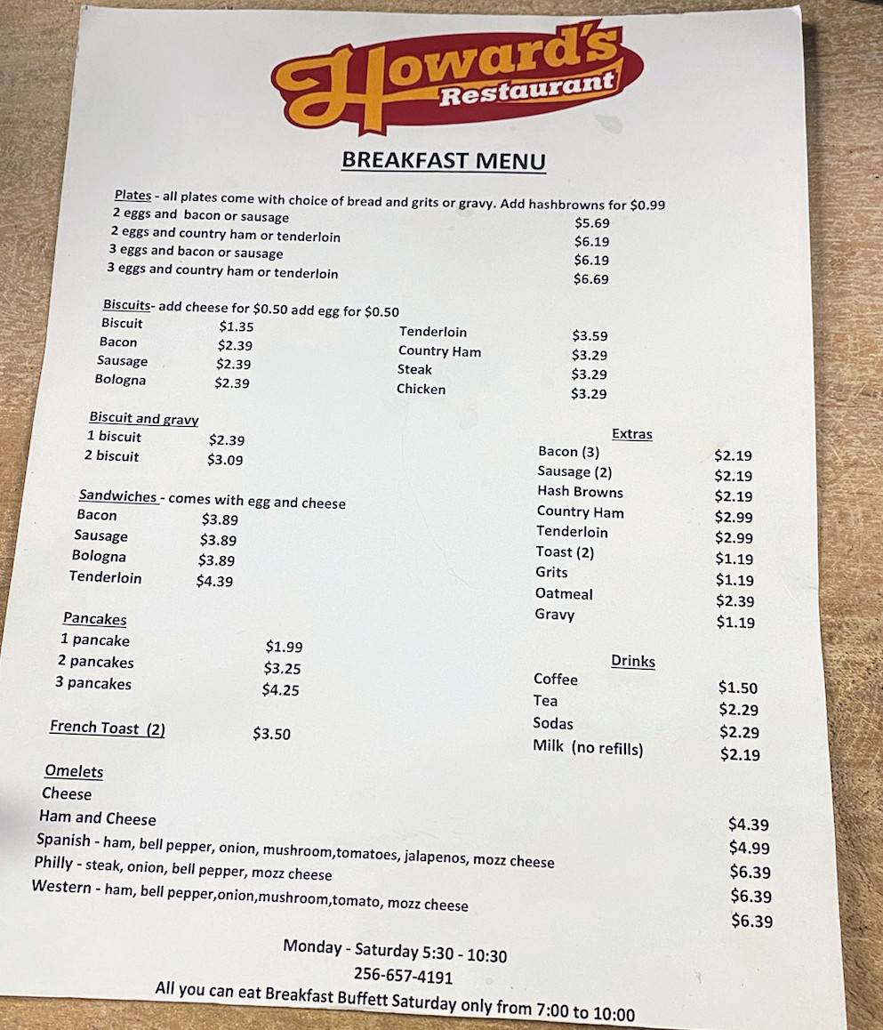 Menu at Howard's restaurant, Henagar, AL-75