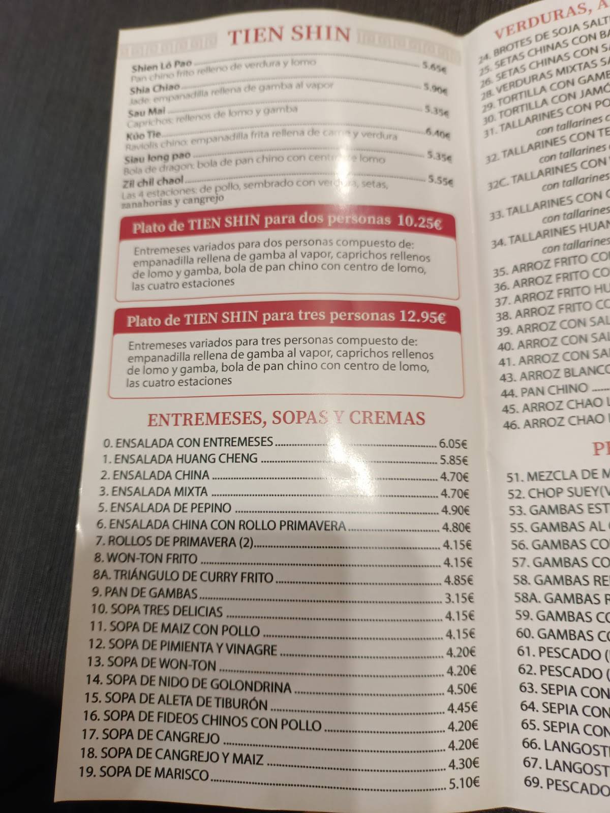 Menu at Huang Cheng II restaurant, Barcelona