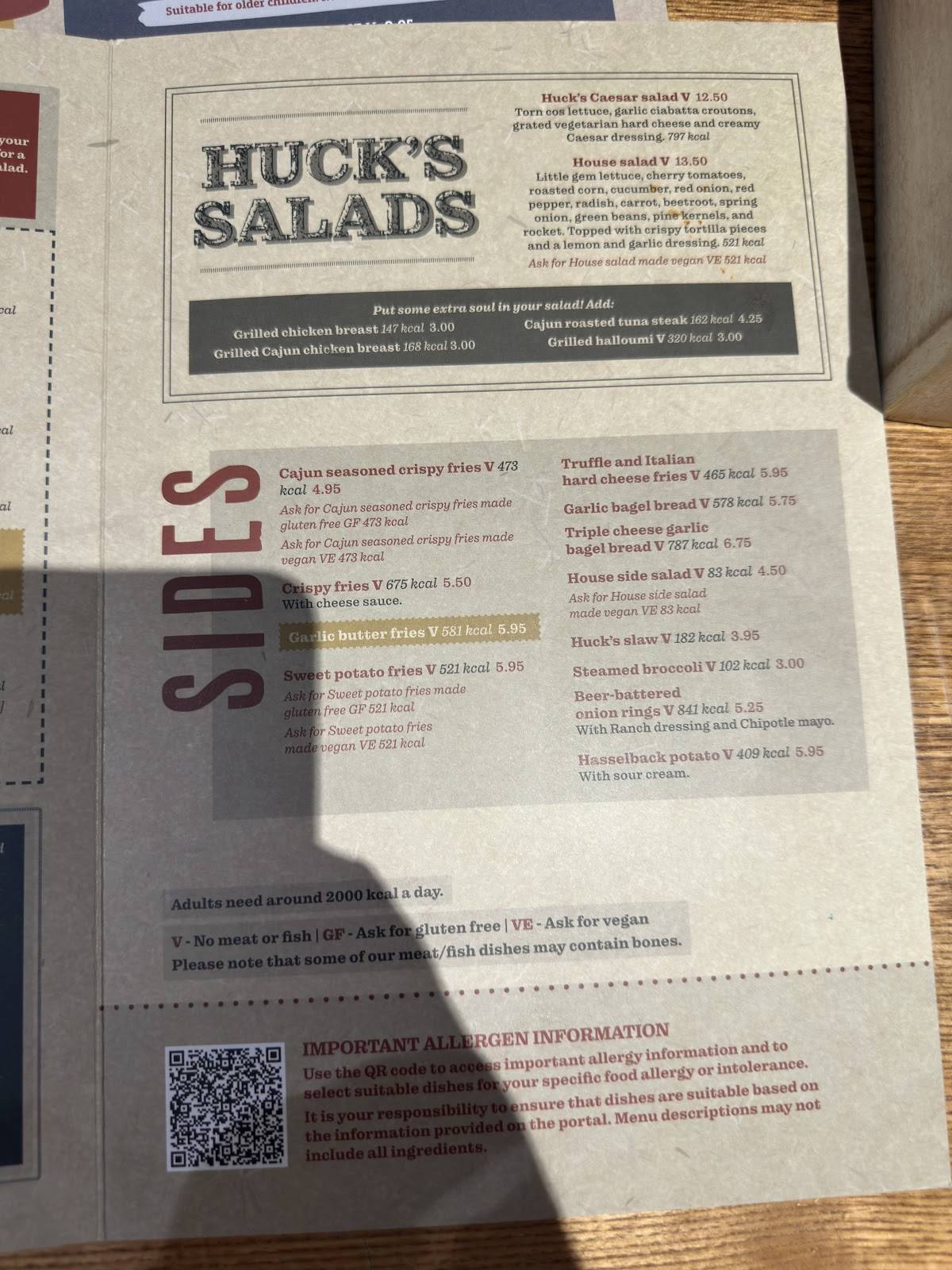 Menu at Huck's restaurant, Brandon