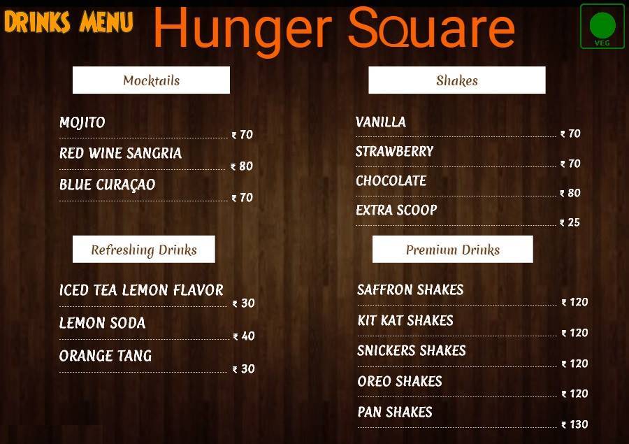 Menu at Hunger Square, Chennai, OMR Food Street