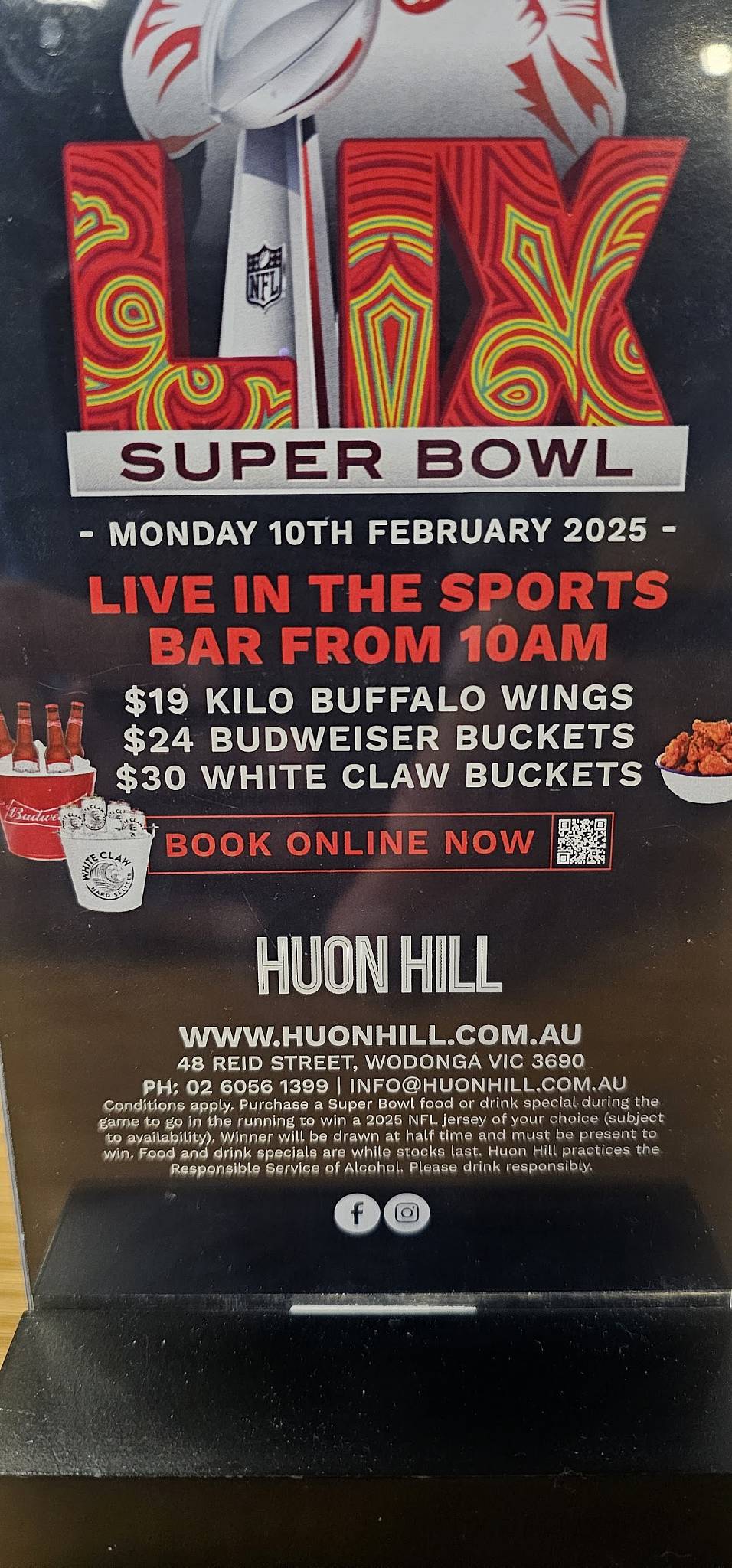 Menu at Huon Hill restaurant, Wodonga