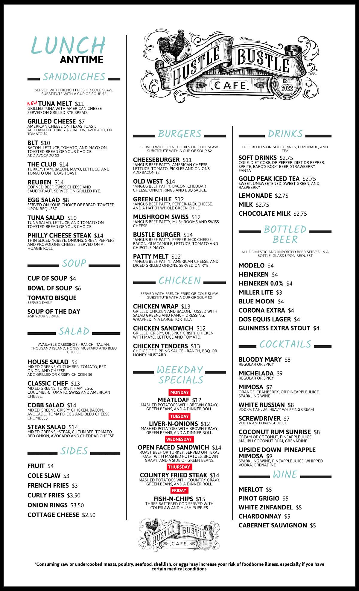 Menu at Hustle Bustle Cafe, Tucson