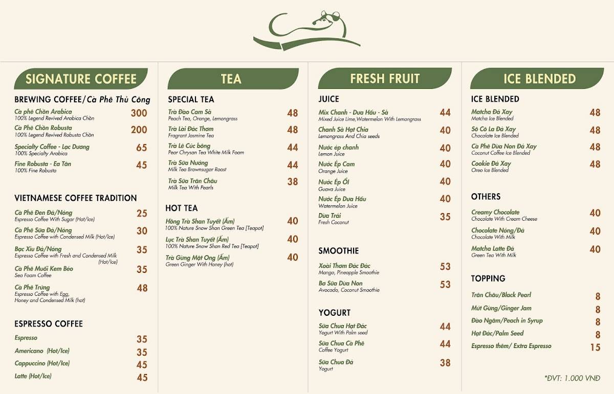 Menu at Huyền Thoại Núi Cà Phê - TPHCM - 76 Nguyễn Phúc Chu cafe, Ho ...