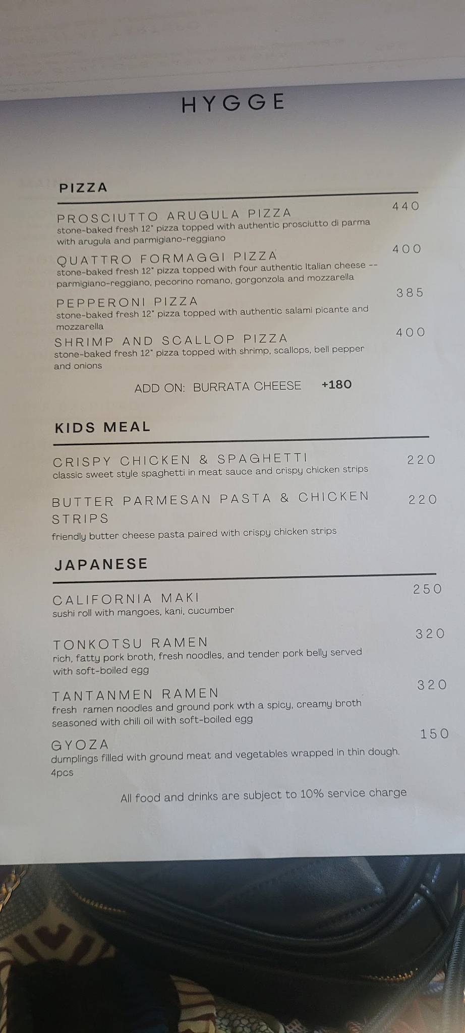 Menu at Hygge Restaurant, San Pedro
