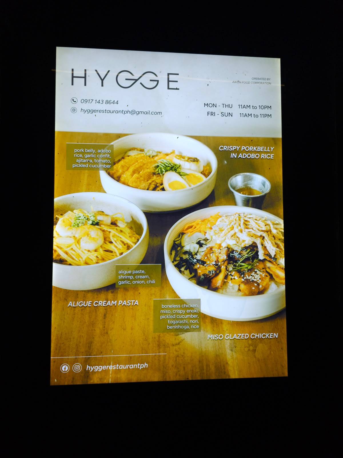 Menu at Hygge Restaurant, San Pedro