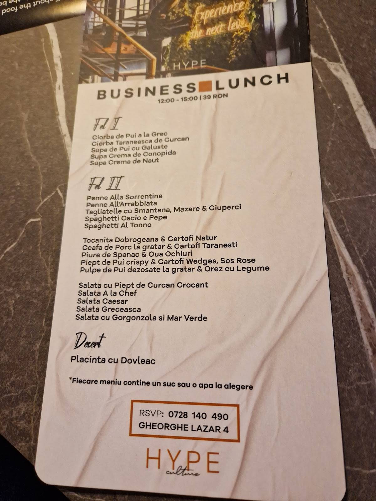Menu at Hype Culture, Timișoara