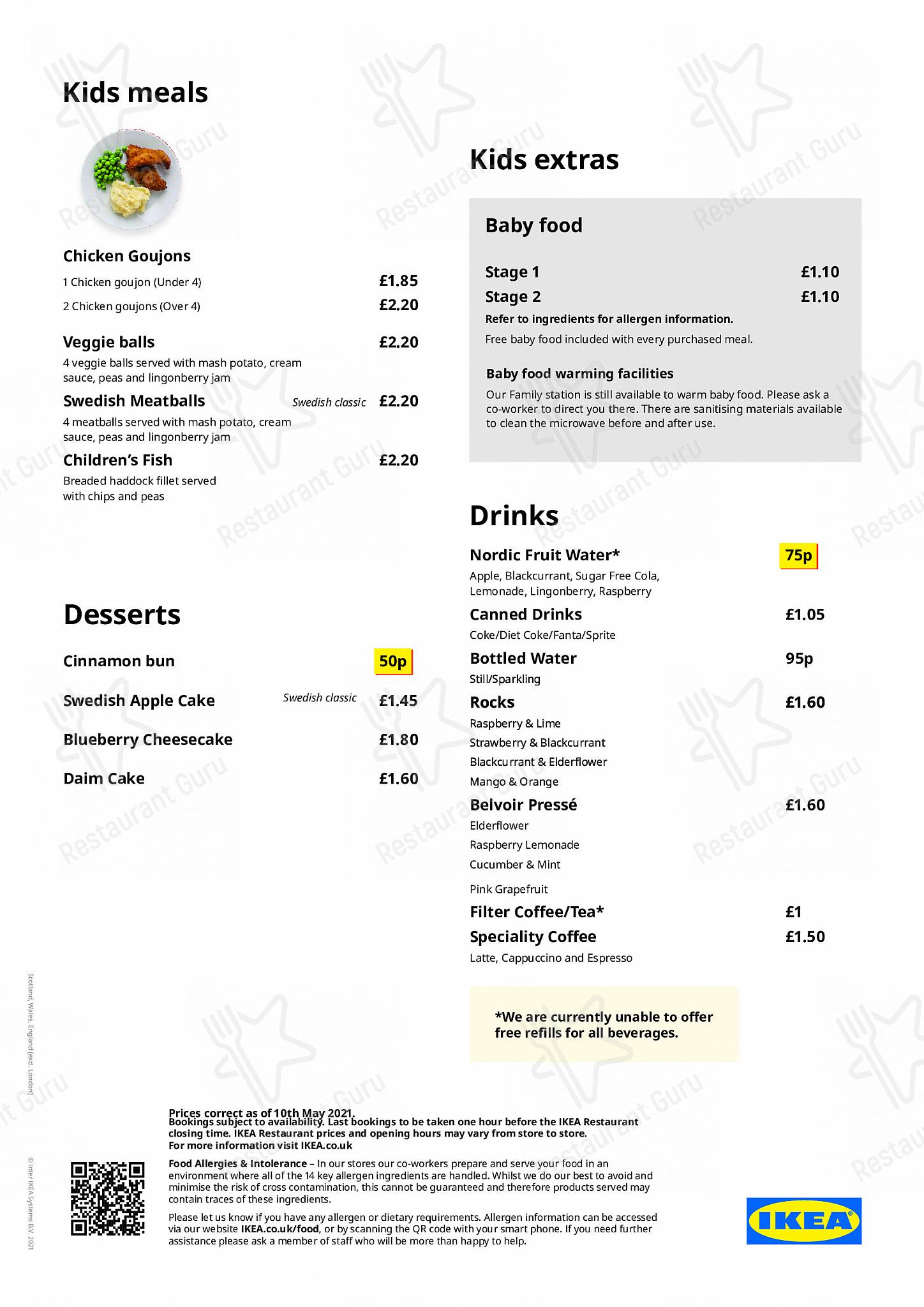 Menu at IKEA Foodhall restaurant, Wednesbury, Park Lane