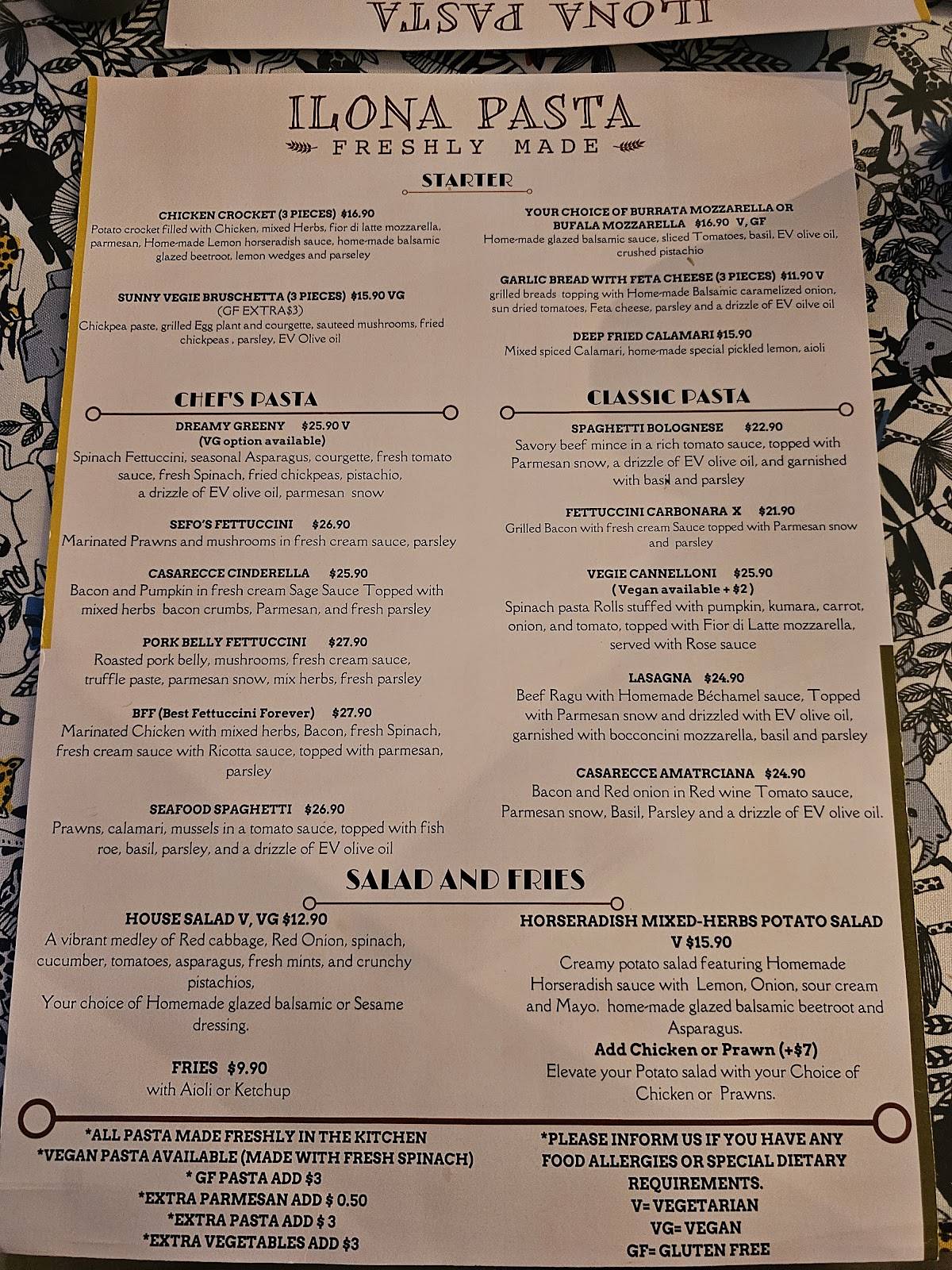 Menu at ILONA pasta restaurant, Napier