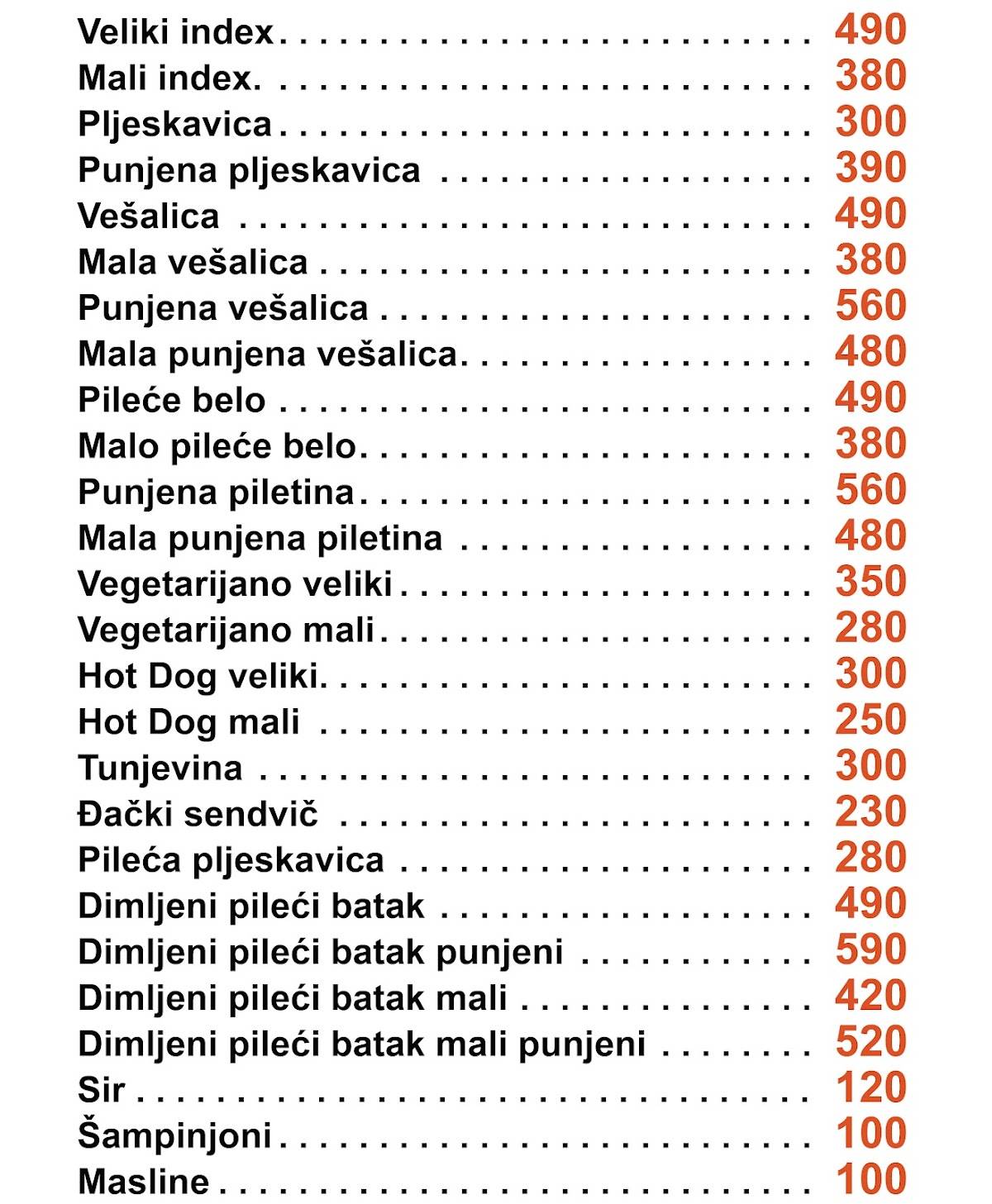 Menu at INDEX MIRJANA restaurant, Novi Sad, Maksima Gorkog 1