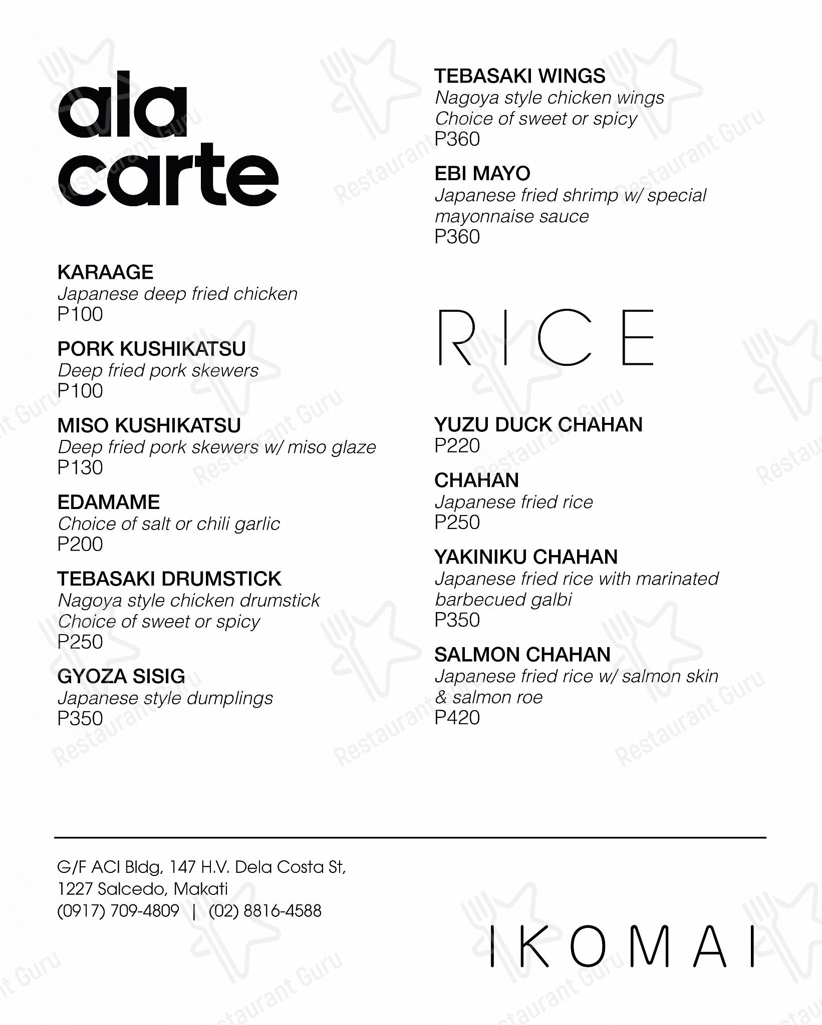 Menu at IKOMAI TOCHI restaurant, Makati